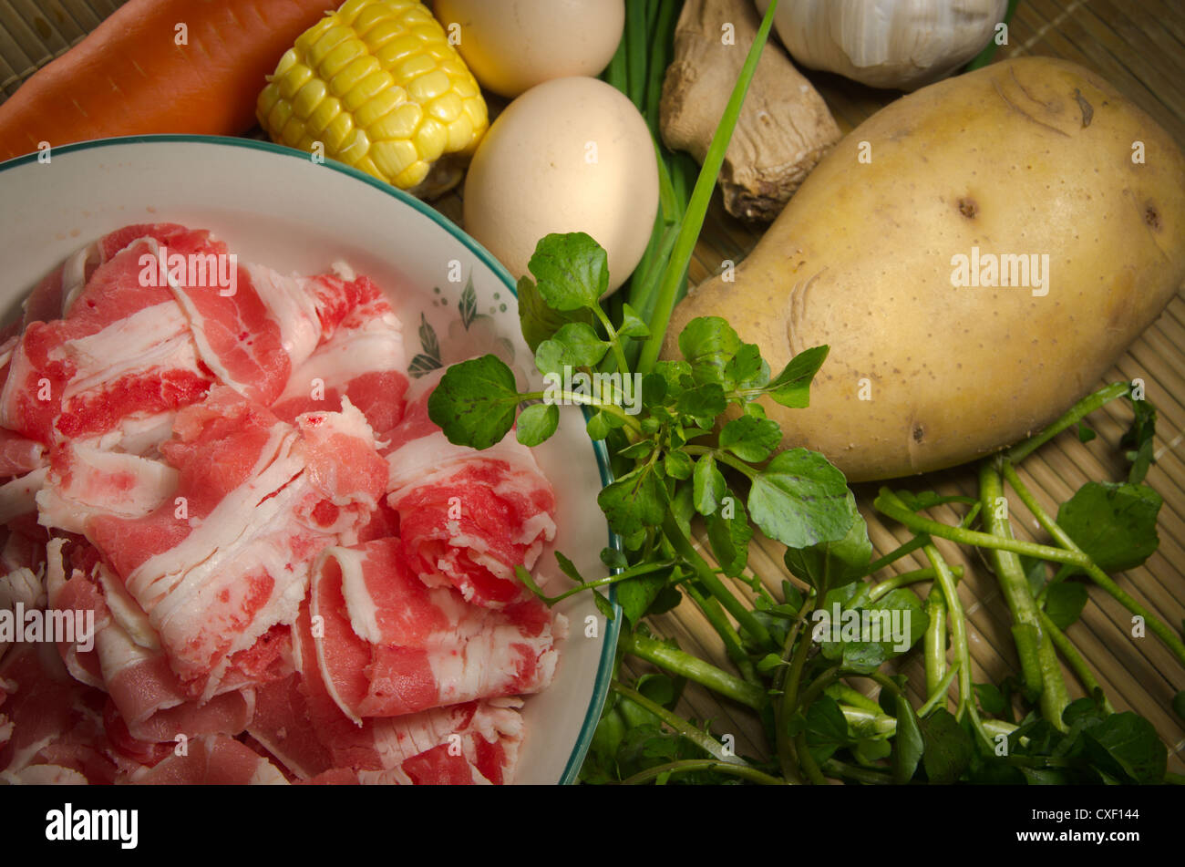 vegetables ingredient and fat beef slices Stock Photo - Alamy