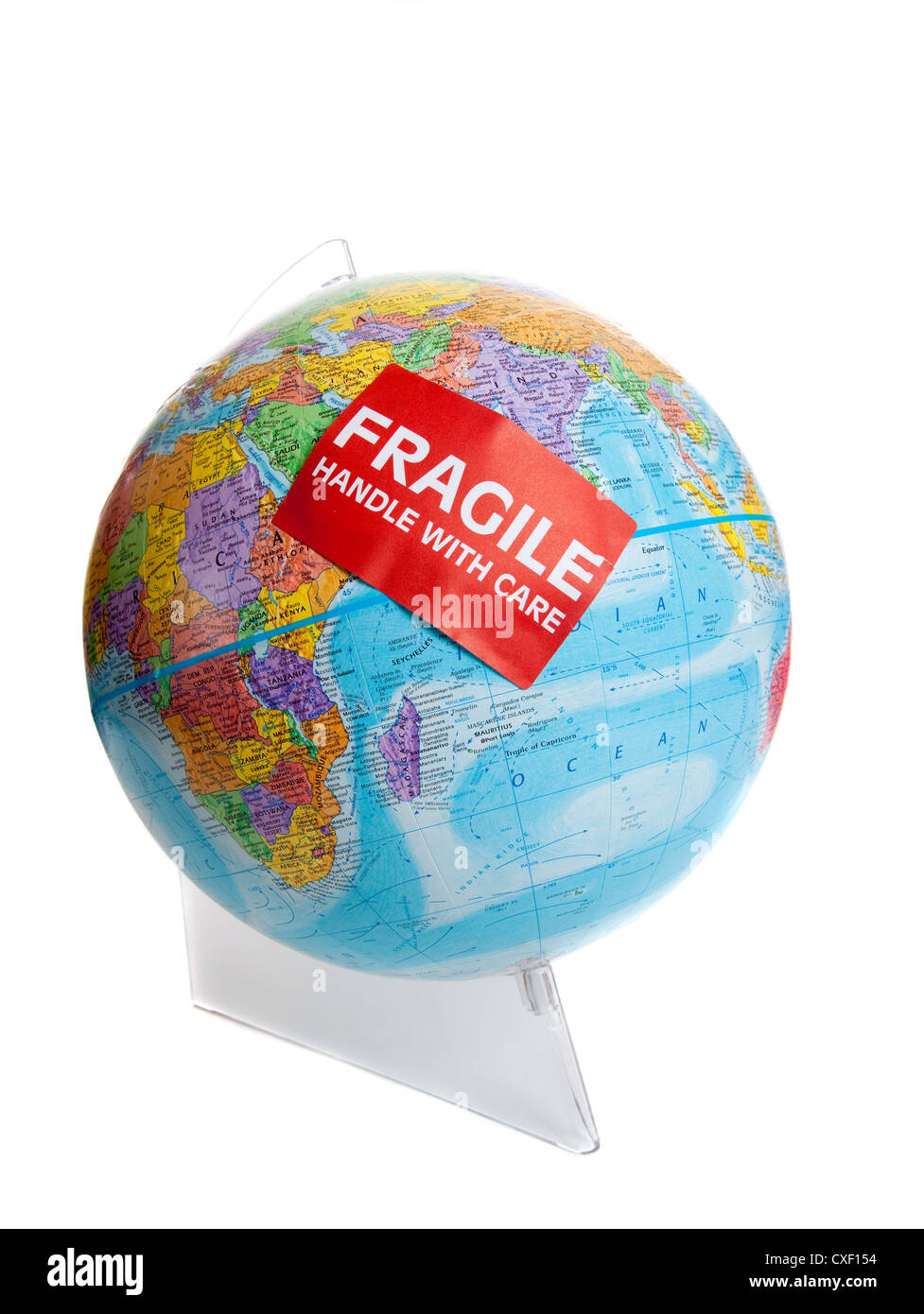 Globe with a fragile sticker on a white background Stock Photo - Alamy
