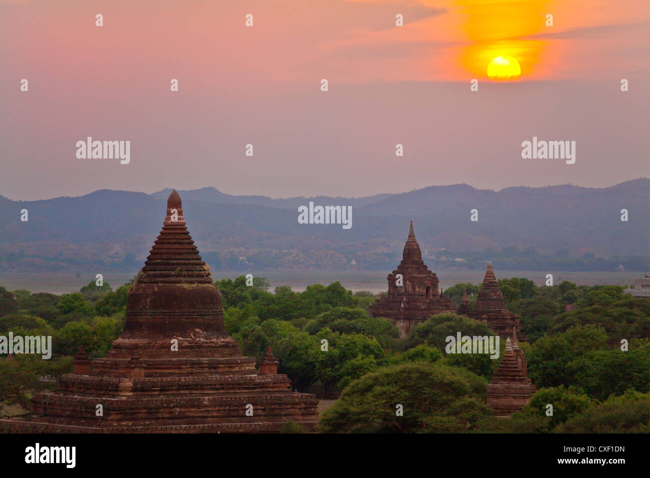 View from the SHWESANDAW TEMPLE or PAYA at sunset - BAGAN, MYANMAR Stock Photo - Alamy