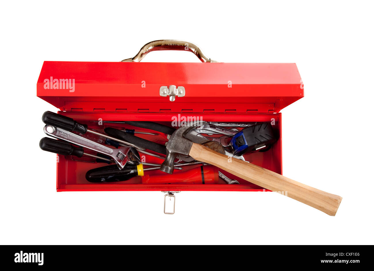 Red toolbox full of tools on a white background Stock Photo - Alamy