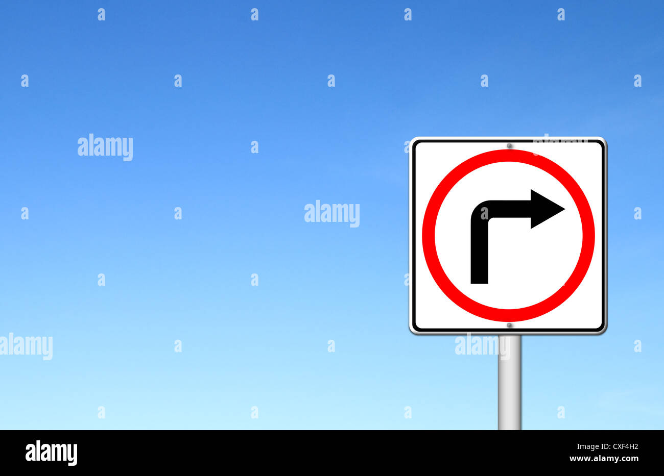 Traffic sign show the turn right over blue sky blank for text Stock ...