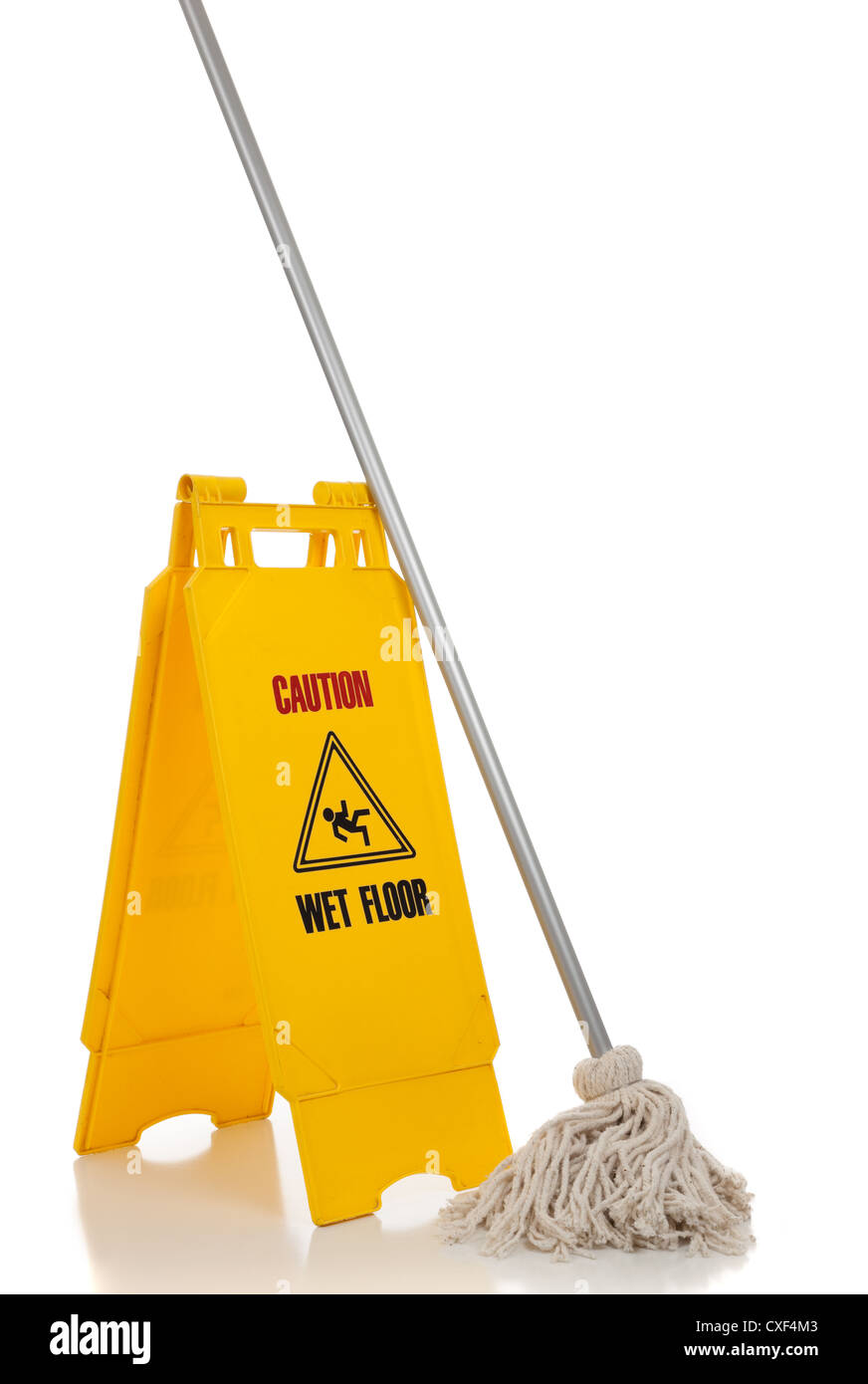 "Caution wet floor" sign with a string mop on a white background Stock ...