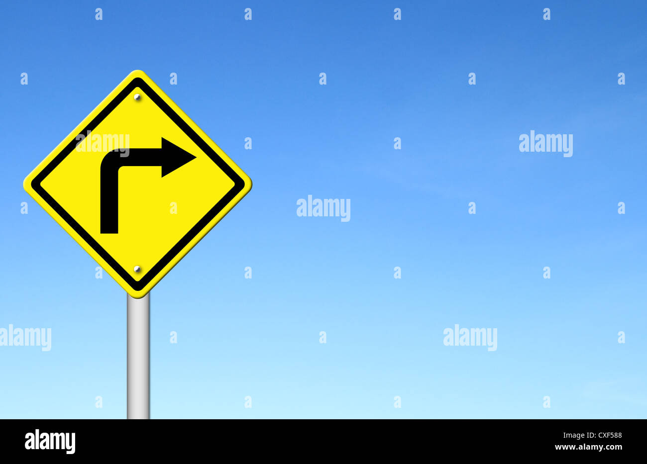 Road Sign - Right Turn Warning with blue sky blank for text Stock Photo ...