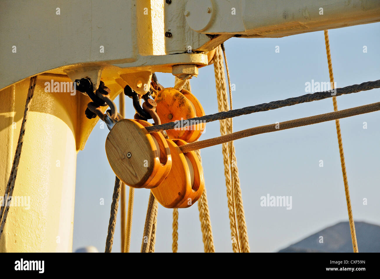 Wooden blocks aboard SPV Star Clipper Stock Photo - Alamy