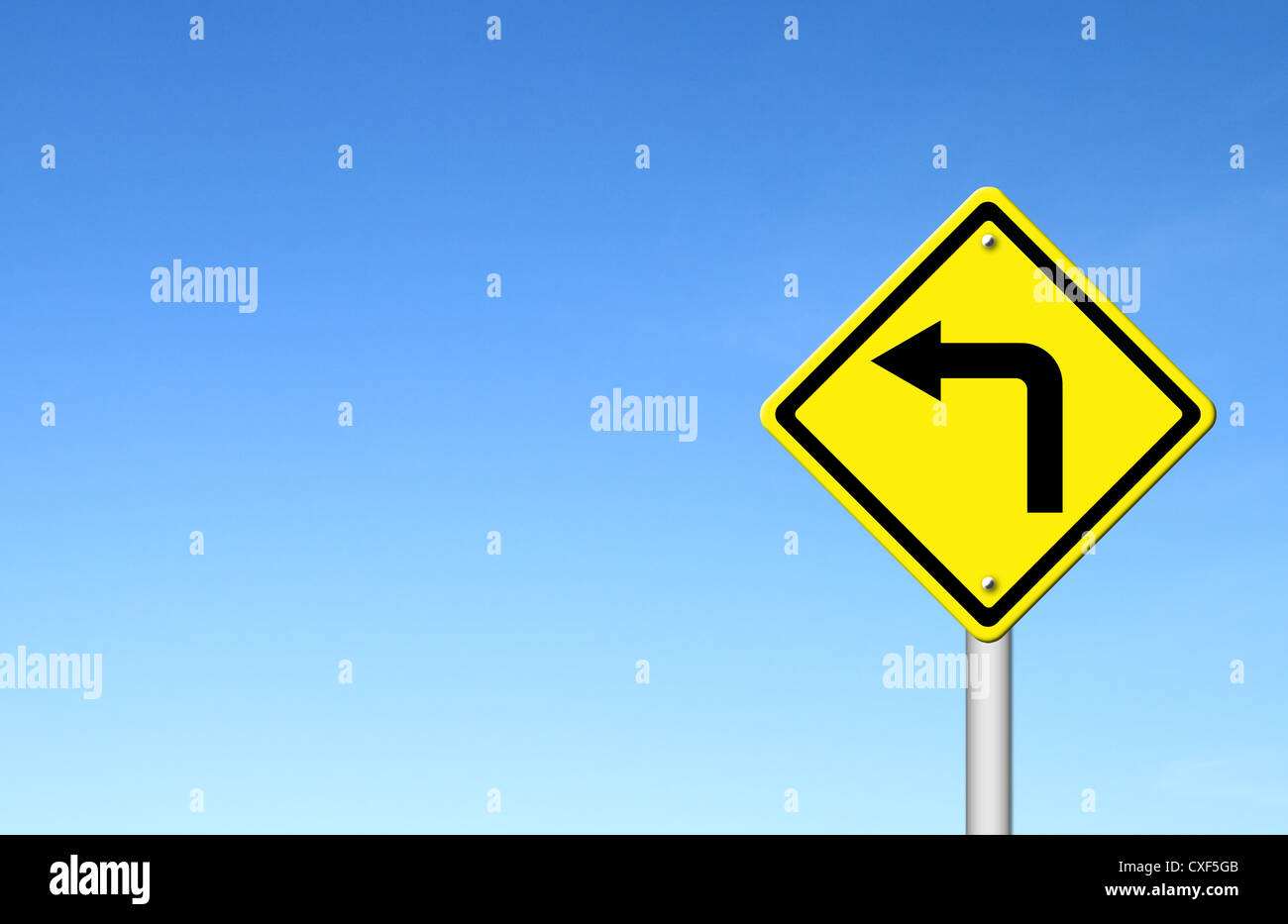 Road Sign - Left Turn Warning with blue sky blank for text Stock Photo ...