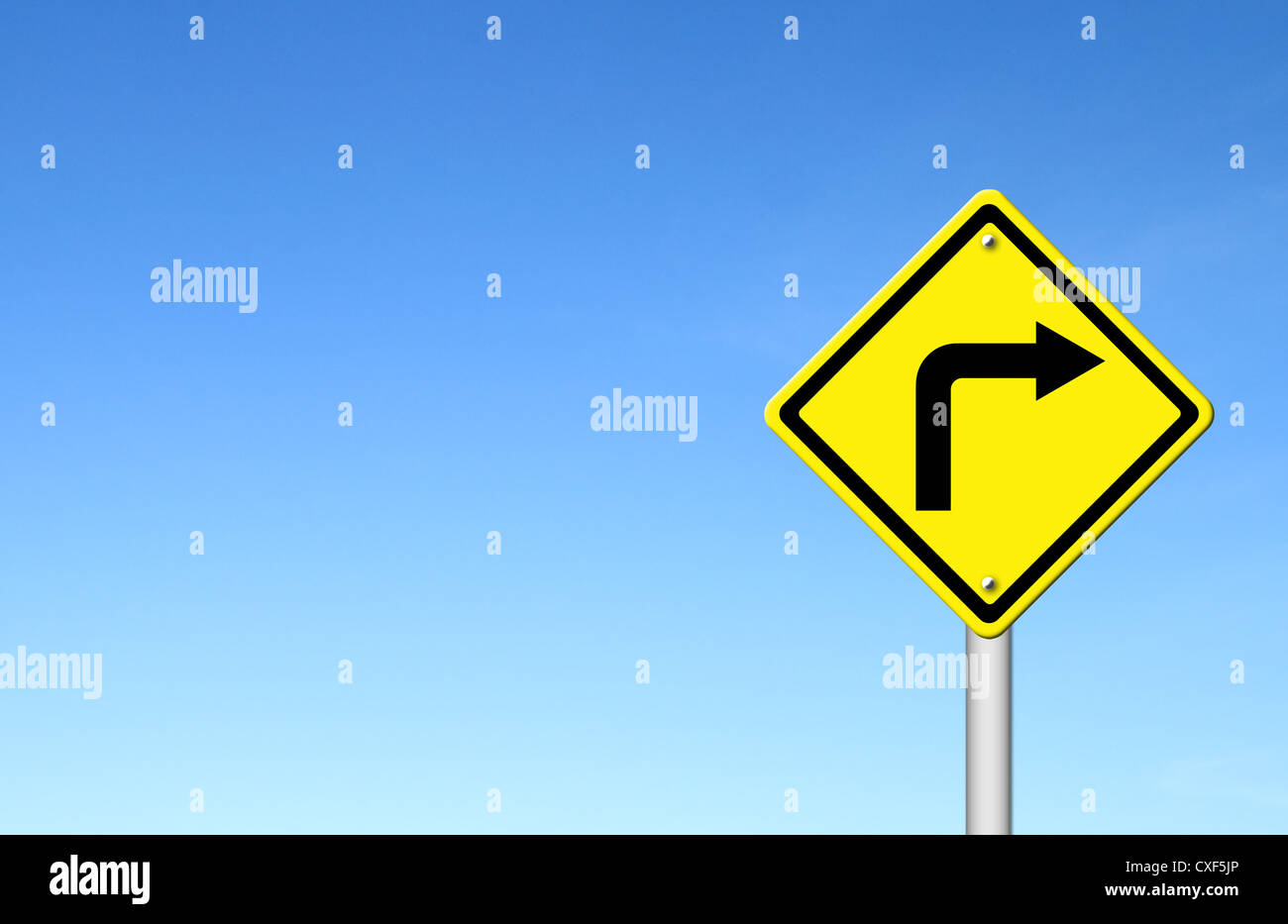 Road Sign - Right Turn Warning with blue sky blank for text Stock Photo ...