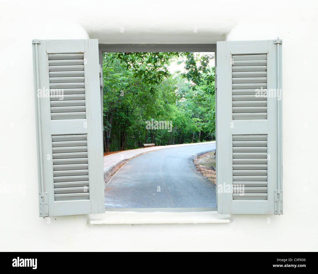 Greek Style windows with curve road view Stock Photo - Alamy
