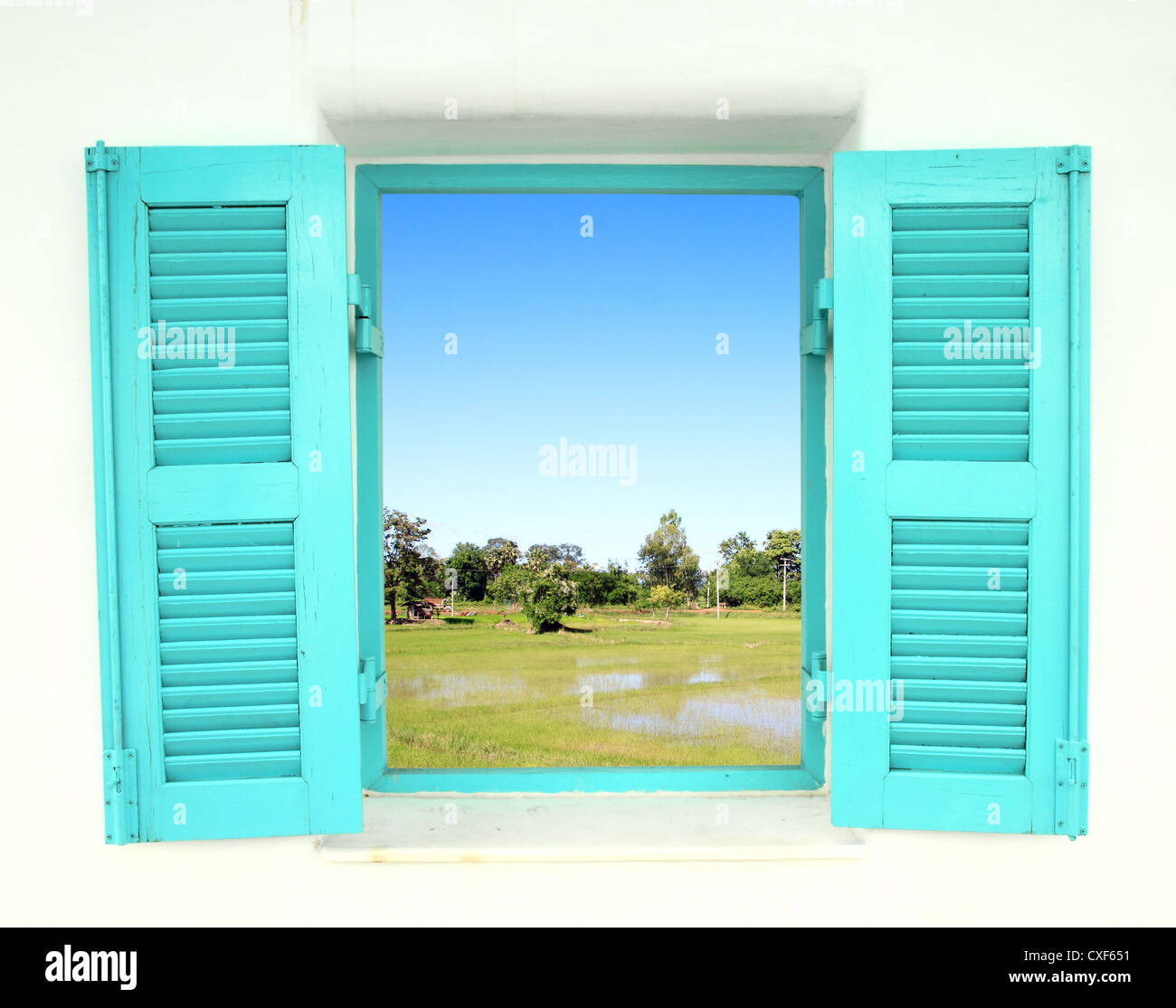 Greek Style windows with country filed view Stock Photo - Alamy