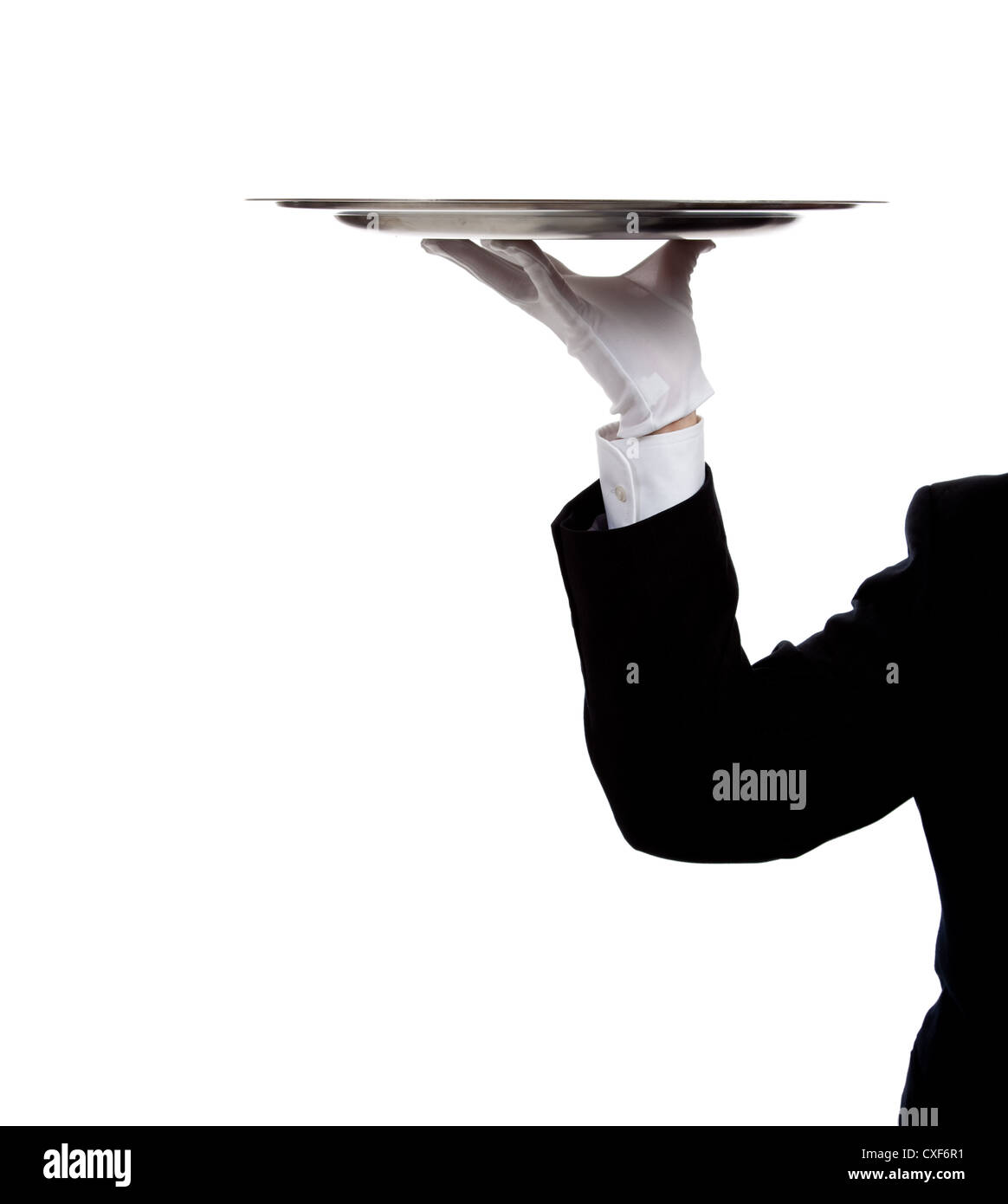 White gloved waiter's hand holding a silver tray Stock Photo - Alamy