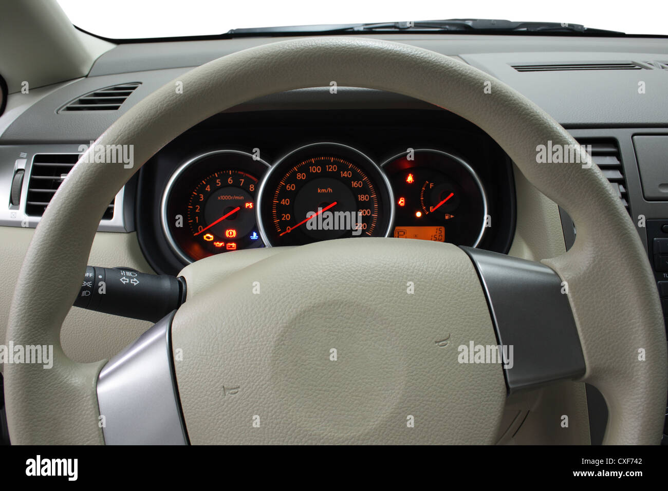 Closeup shot of steering wheel and dashboard Stock Photo - Alamy