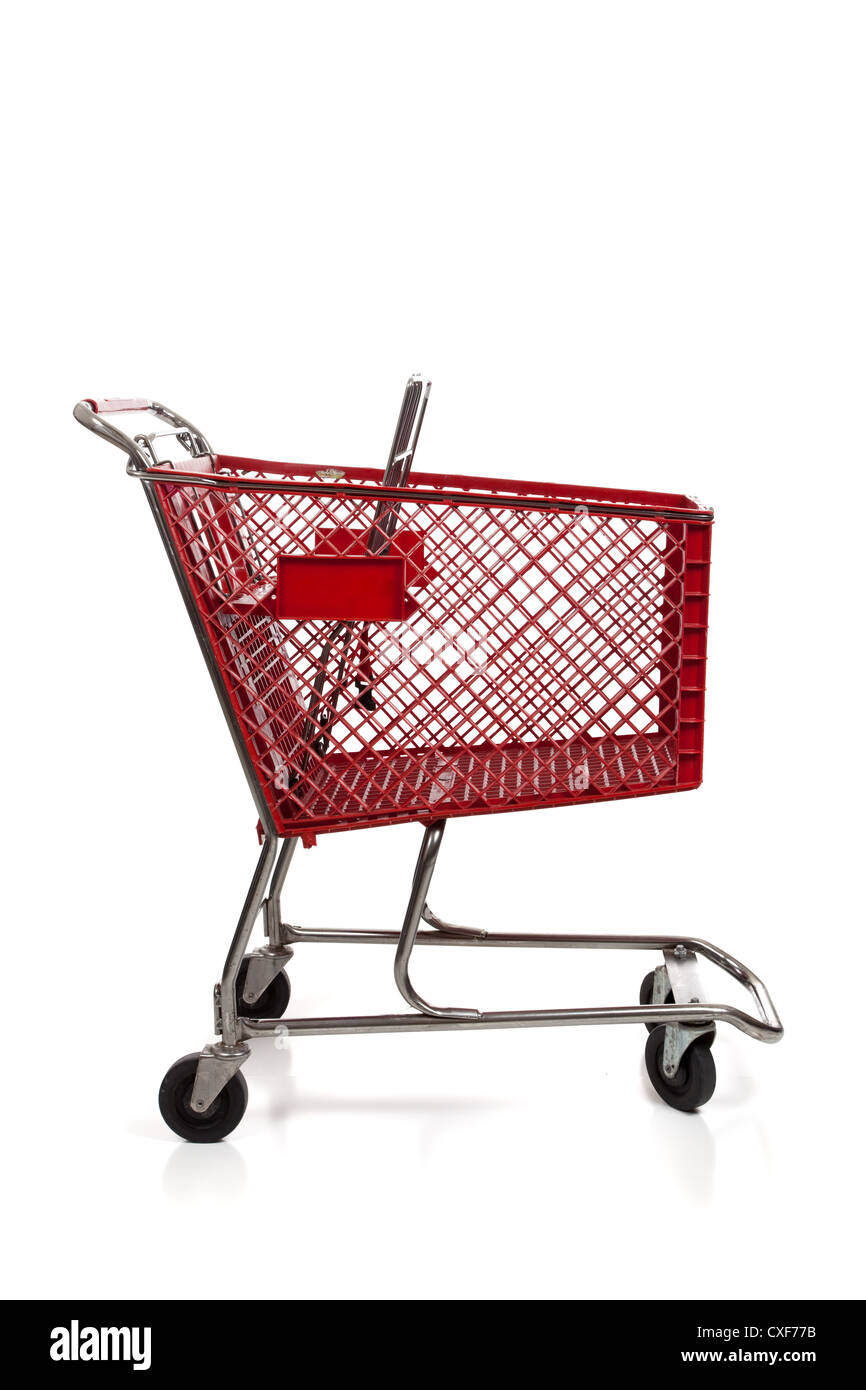 Red shopping cart of a white background Stock Photo - Alamy