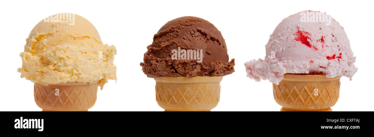 Row of ice cream cones, Strawberry, chocolate and vanilla Stock Photo ...