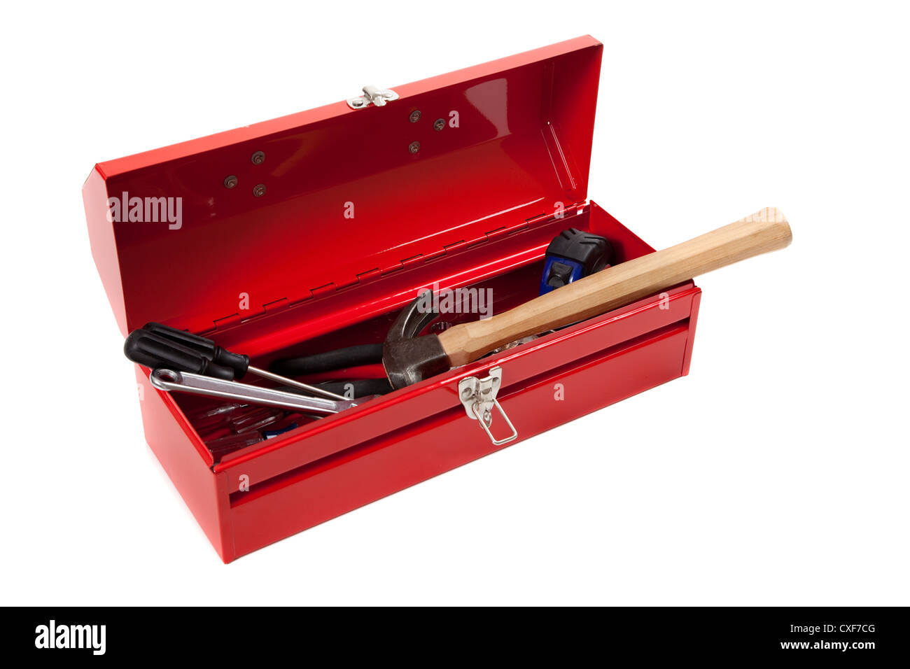 red toolbox full of tools on a white background Stock Photo - Alamy