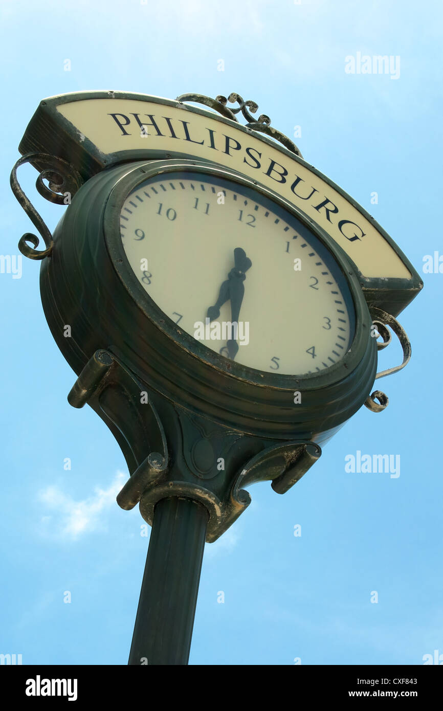 Island time. Street clock in Philipsburg, Dutch St. Maarten, West ...