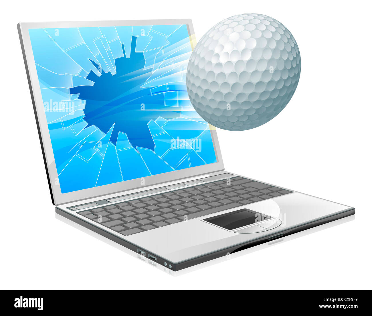 Illustration of a golf ball flying out of a broken laptop computer ...