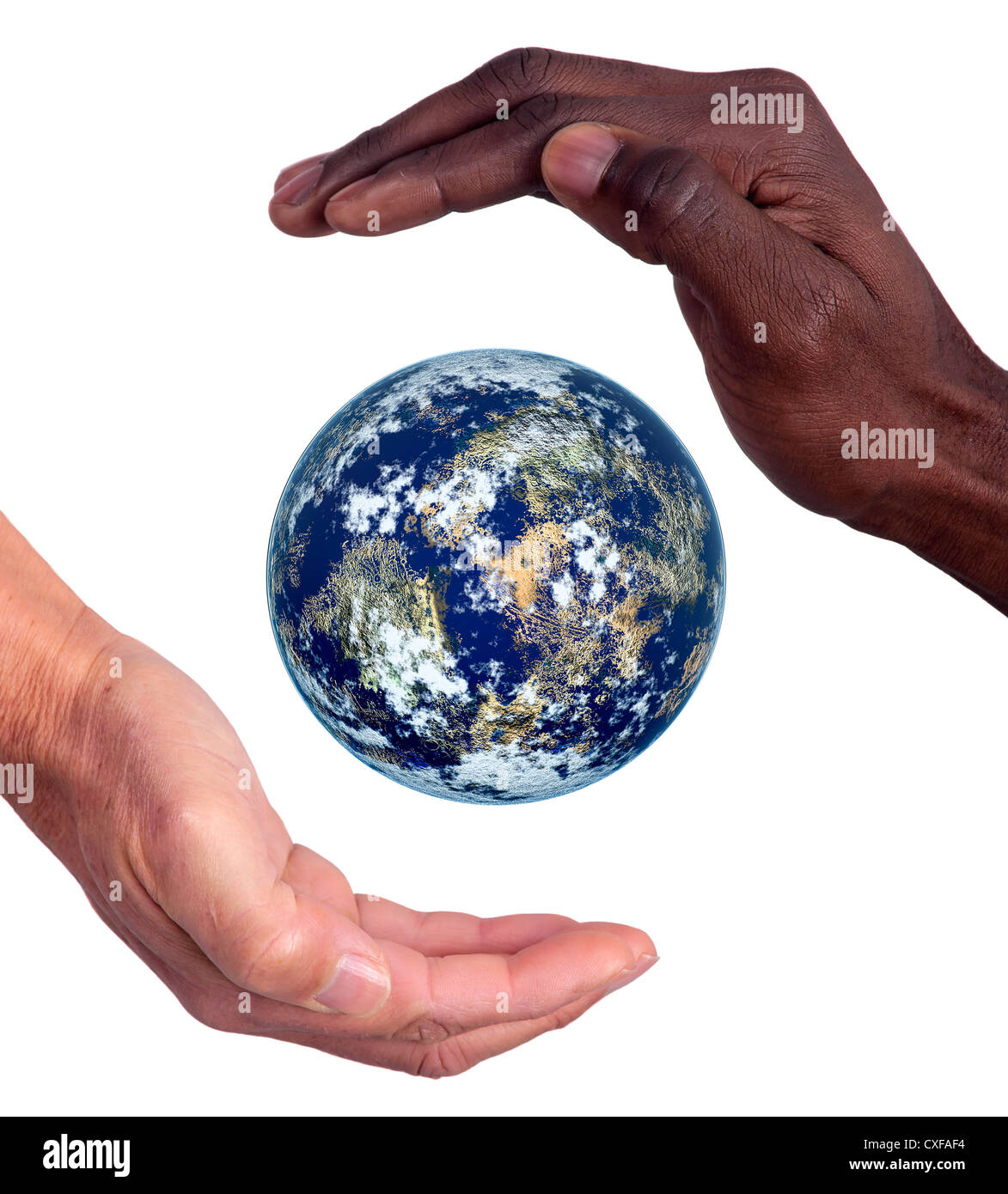 Hands of different races together around the planet isolated in white ...