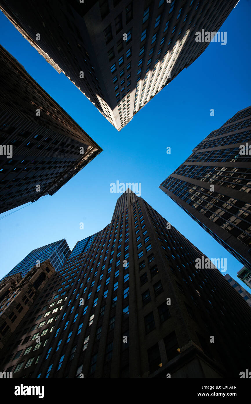Groundview (looking up) of skyscrapers in the financial district of ...