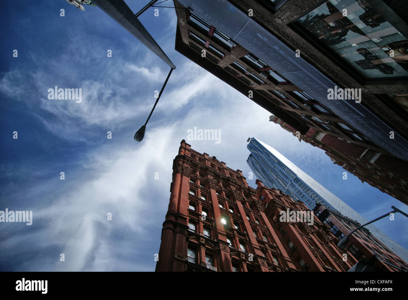 Groundview (looking up) of skyscrapers in the financial district of ...