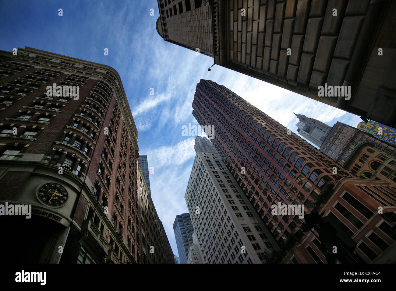 Groundview (looking up) of skyscrapers in the financial district of ...