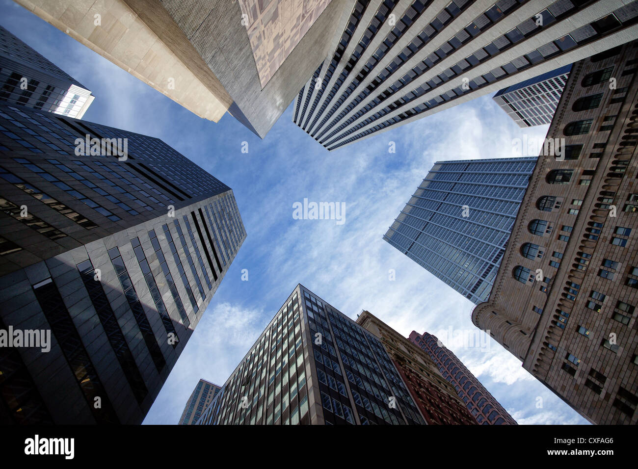 Groundview (looking up) of skyscrapers in the financial district of ...