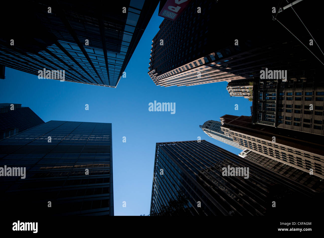 Groundview (looking up) of skyscrapers in the financial district of ...