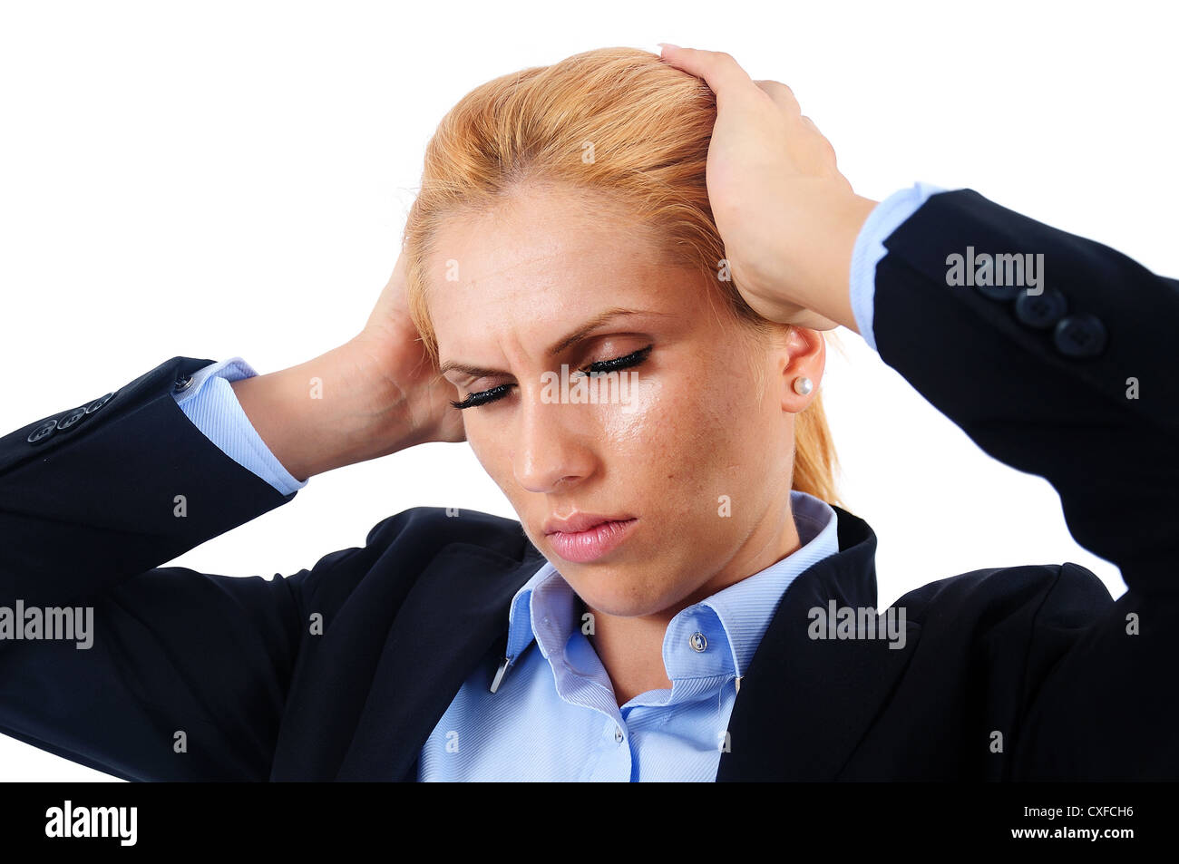 Isolated young business woman exhausted Stock Photo - Alamy
