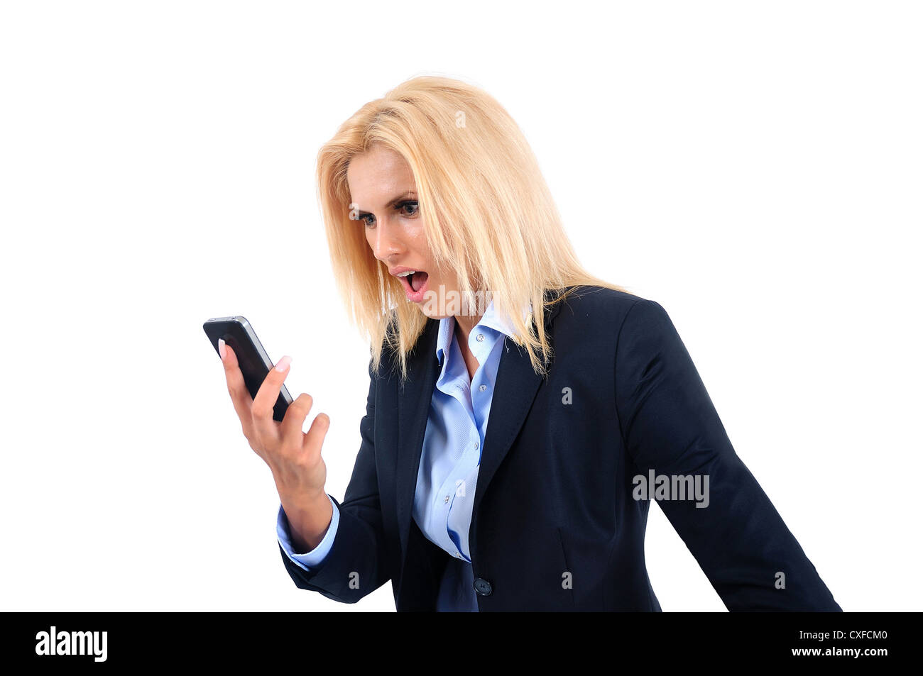 Isolated young business woman screaming phone Stock Photo - Alamy