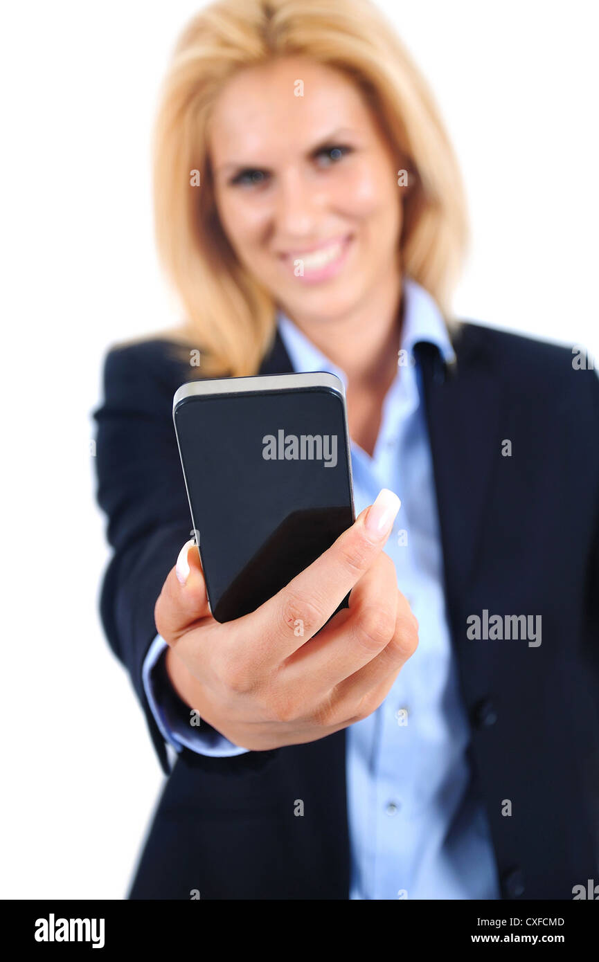 Isolated young business woman giving phone Stock Photo - Alamy