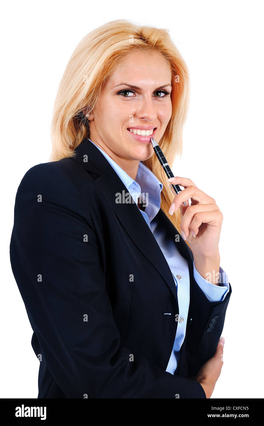 Isolated young business woman thinking Stock Photo - Alamy