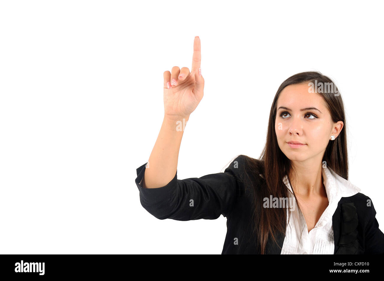 Isolated young business woman press something Stock Photo - Alamy