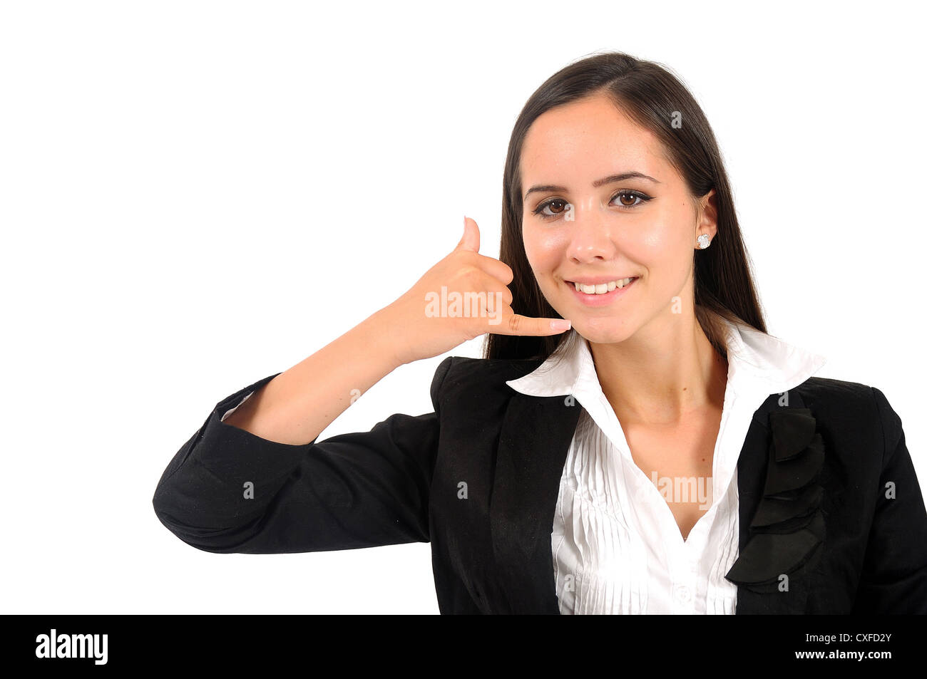 Isolated young business woman call gesture Stock Photo - Alamy