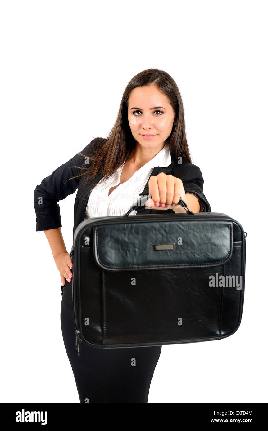 Isolated young business woman showing briefcase Stock Photo - Alamy