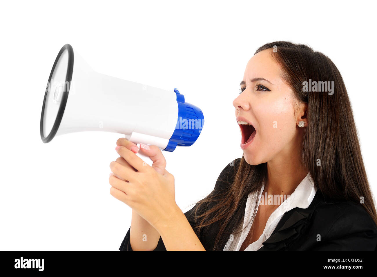 Isolated young business woman with loudspeaker Stock Photo - Alamy