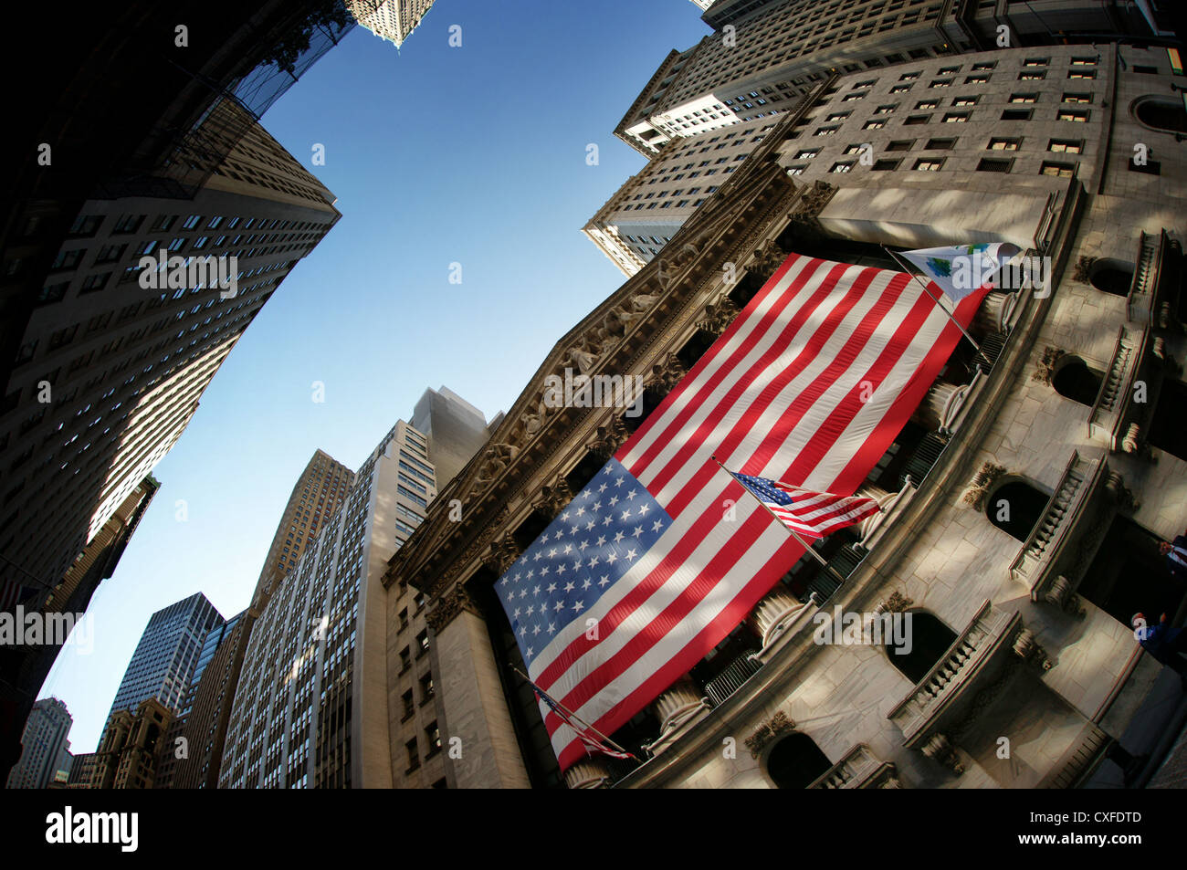 Groundview (looking up) of skyscrapers in the financial district of ...