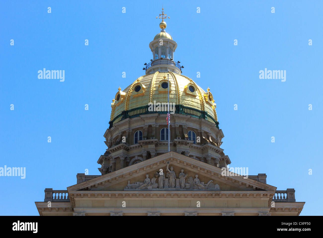 Gold dome and cupola of the Iowa state capitol building or statehouse ...