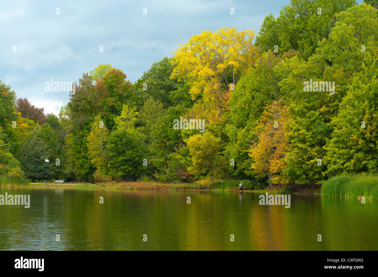 Beautiful fall image of trees at lake with a person fishing from the ...