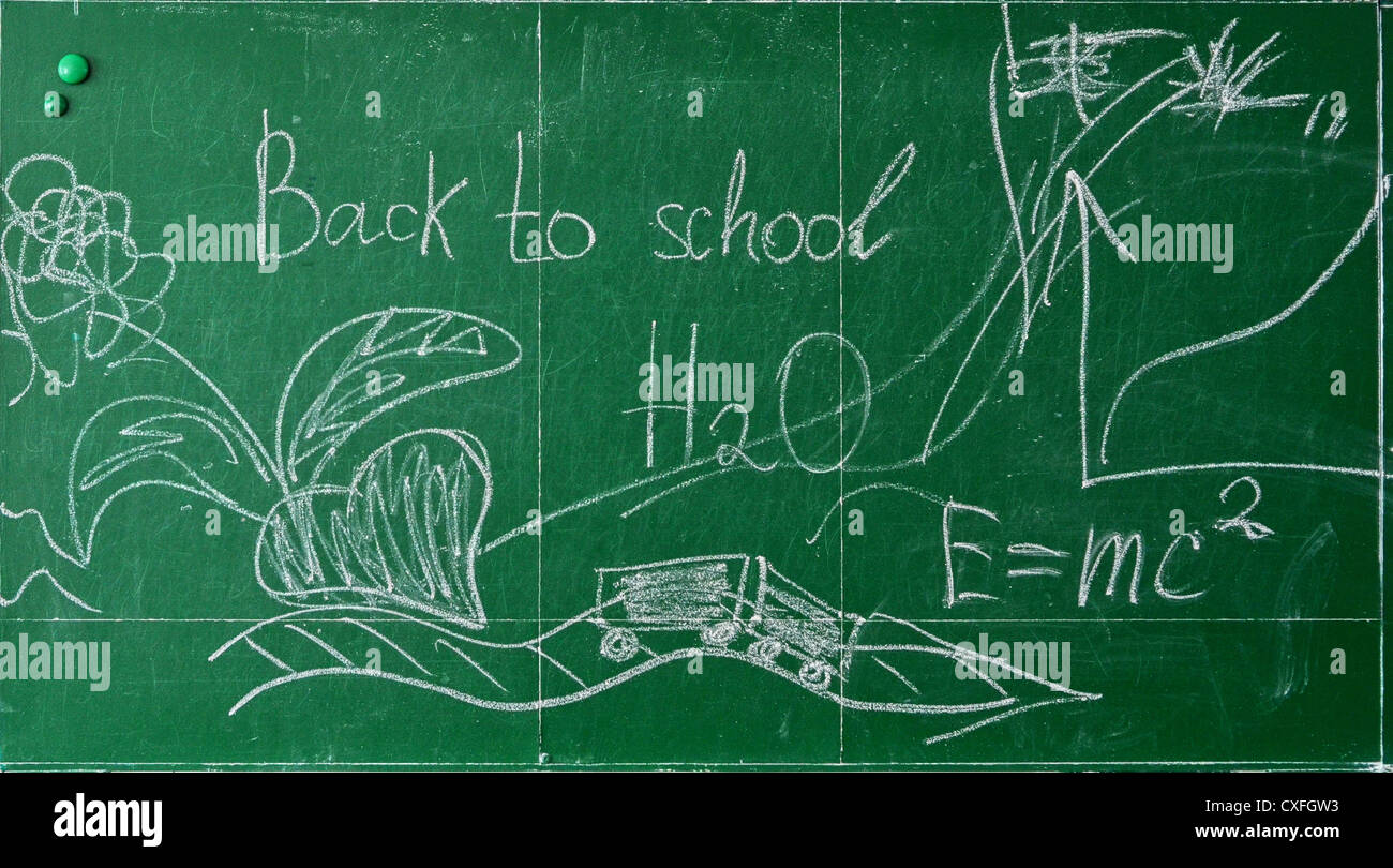 Green chalk blackboard written Back To School with white chalk Stock ...