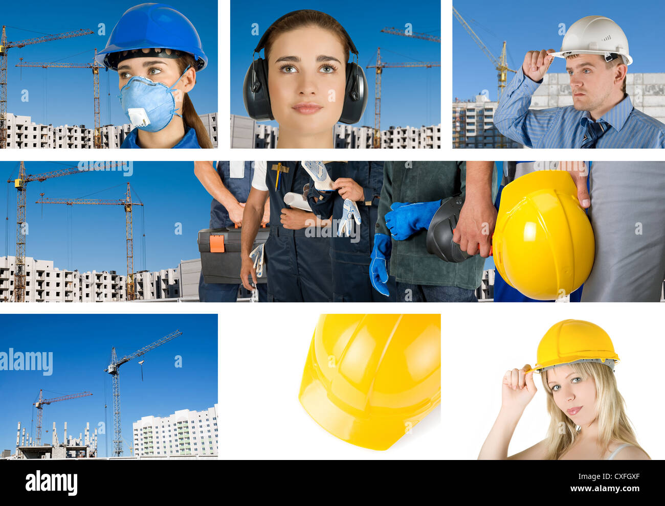 workers with equipment on building background sets Stock Photo - Alamy