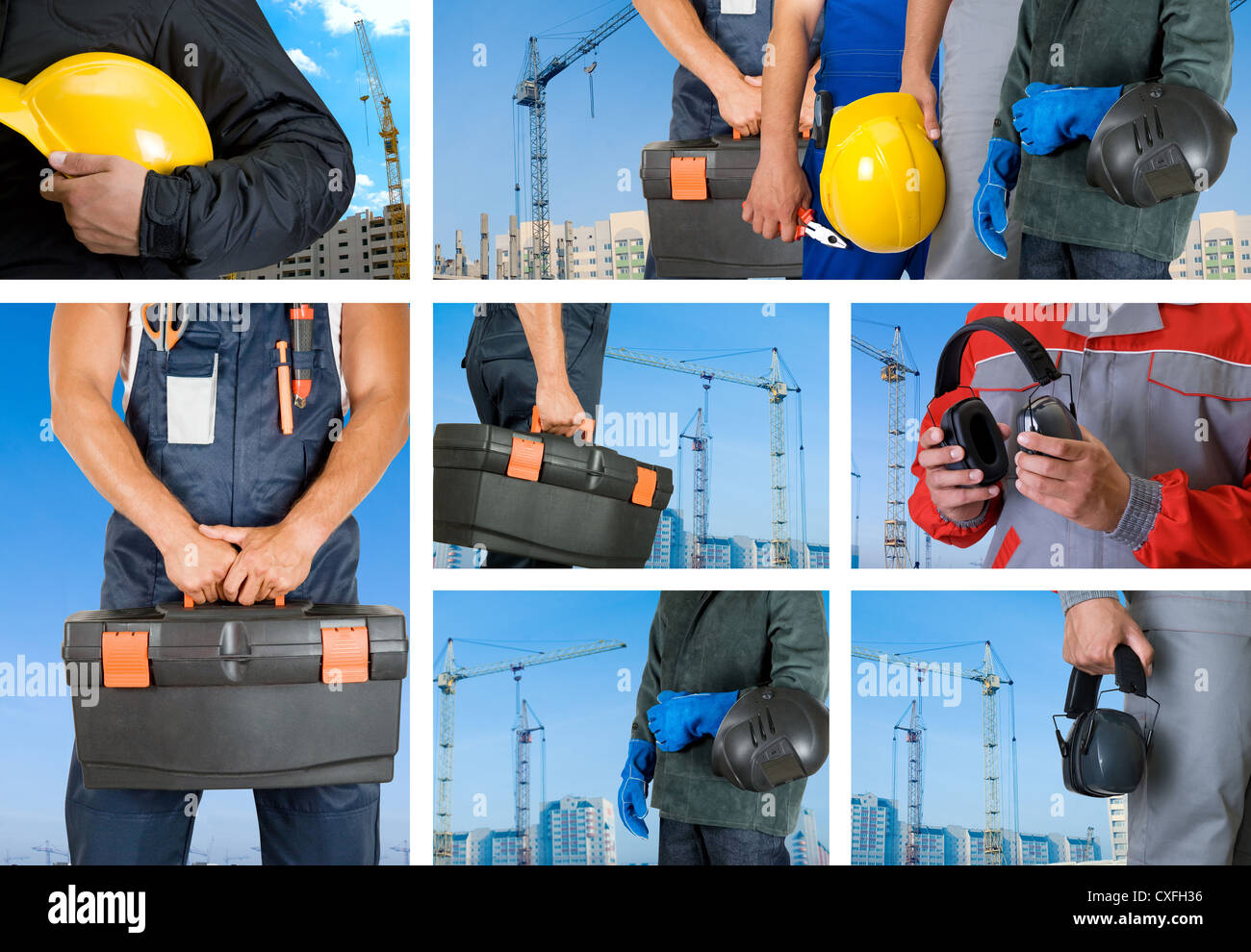 workers with equipment on building background sets Stock Photo - Alamy