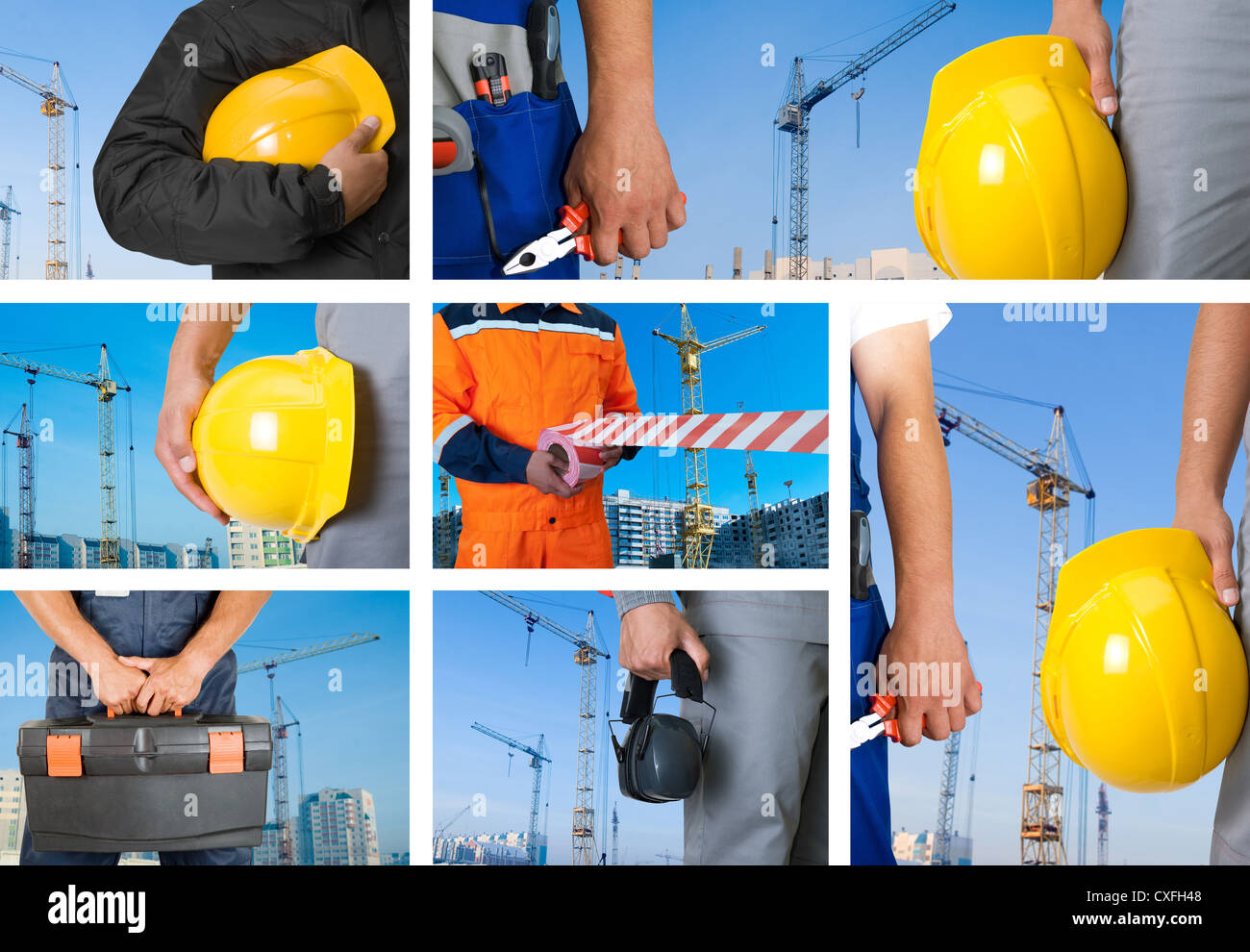 workers with equipment on building background sets Stock Photo - Alamy