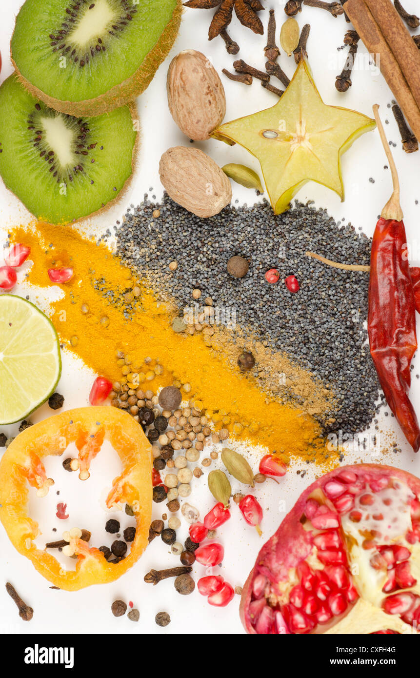 Colorful spices on a white background - beautiful kitchen image Stock ...