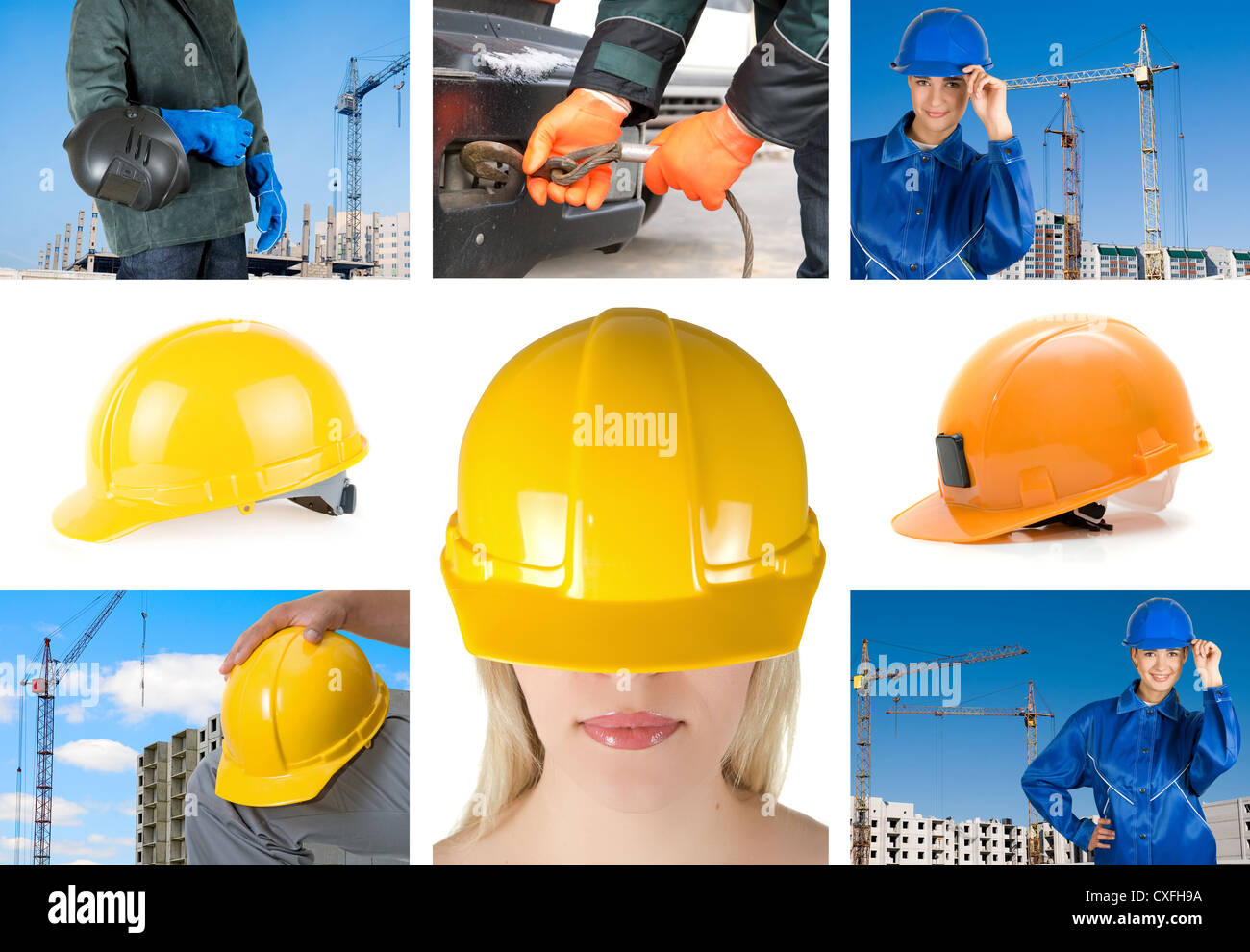 workers with equipment on building background sets Stock Photo - Alamy