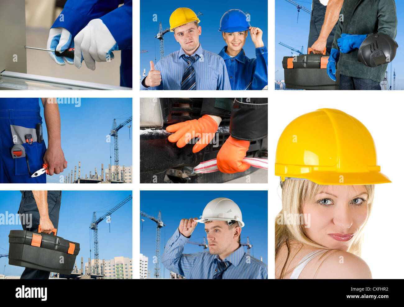 workers with equipment on building background sets Stock Photo - Alamy