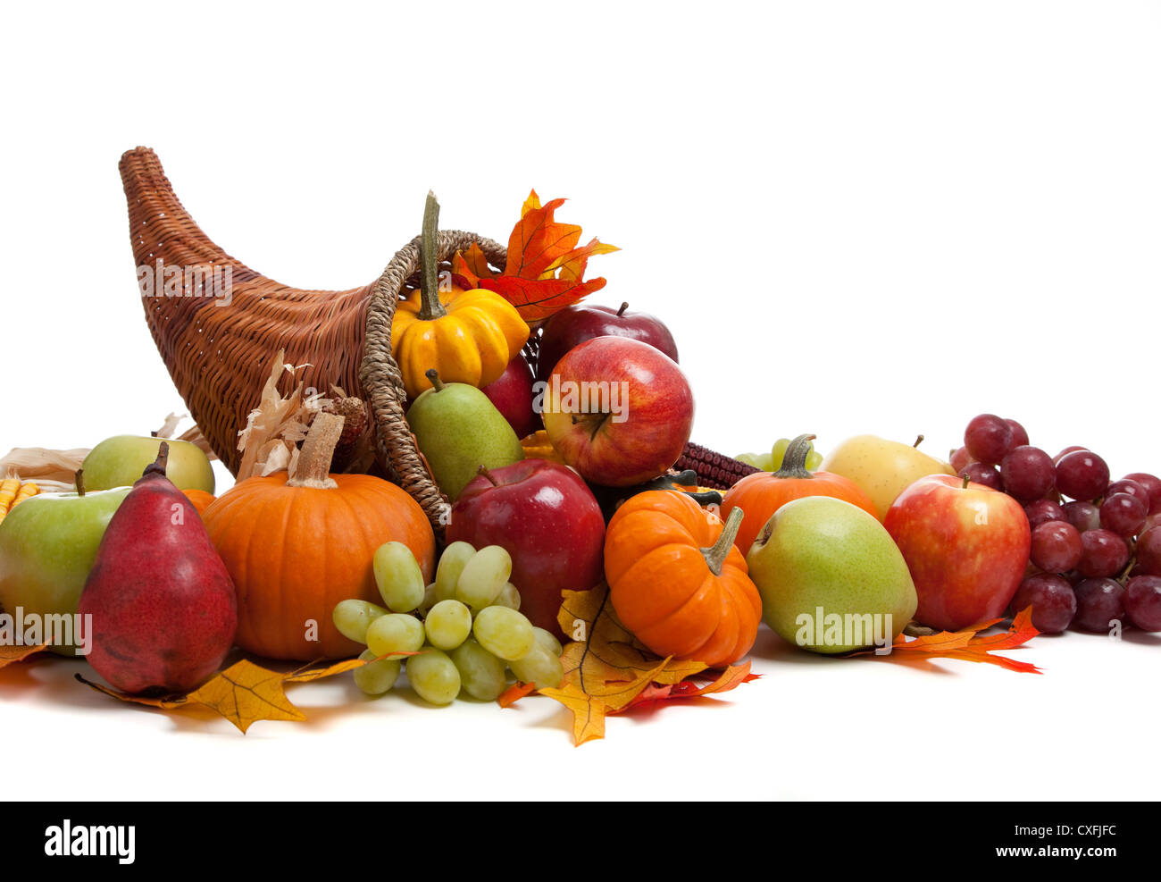 Cornucopia full of fruits, pumpkins and gourds on a white background ...