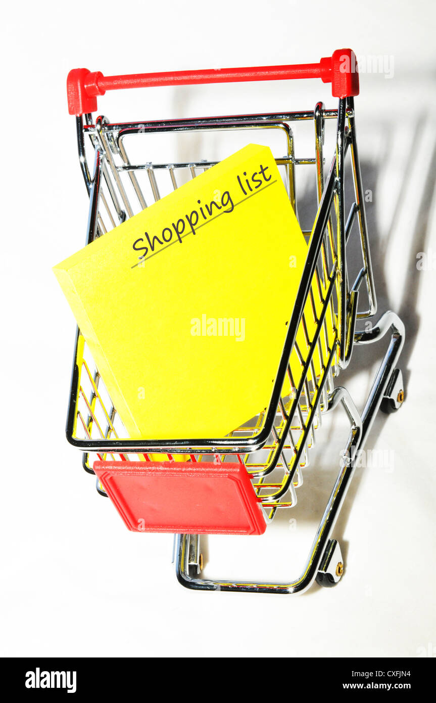 Shopping list in miniature trolley isolated on white Stock Photo - Alamy