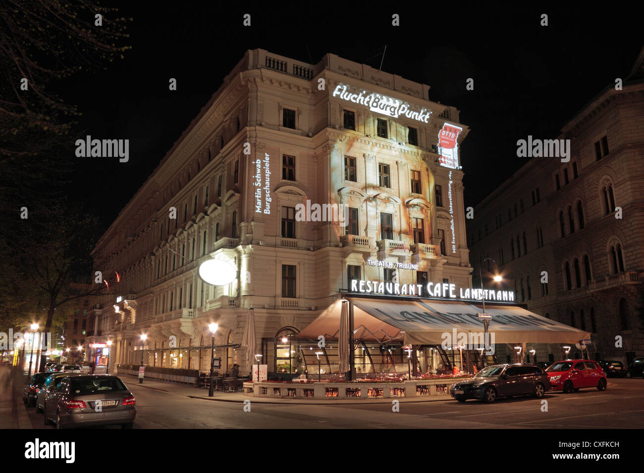 Night view of the Café Landtmann Restaurant, Universitätsring 4, Vienna ...