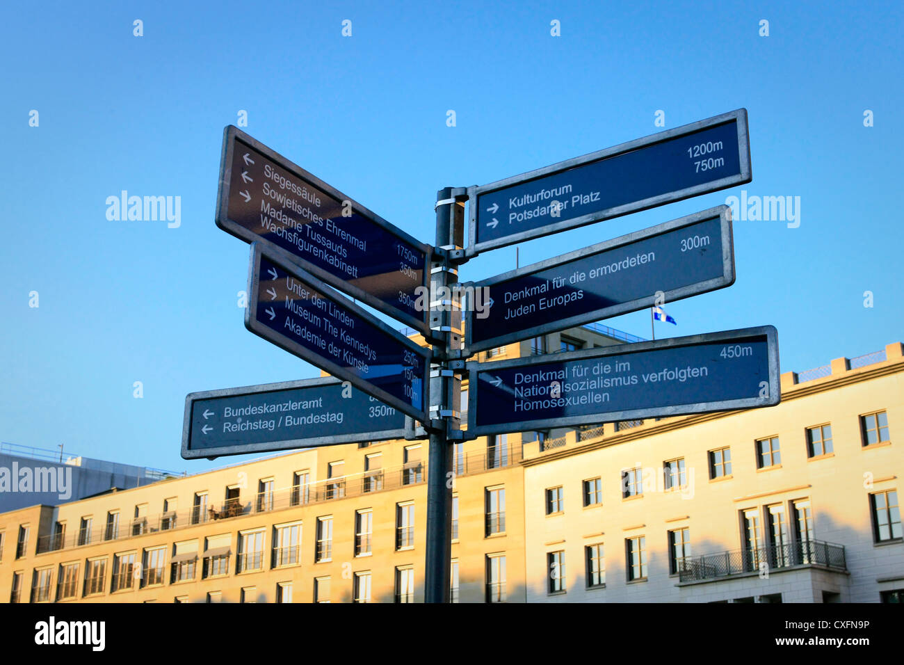 Signpost with multiple direction signs to places around Berlin Germany ...