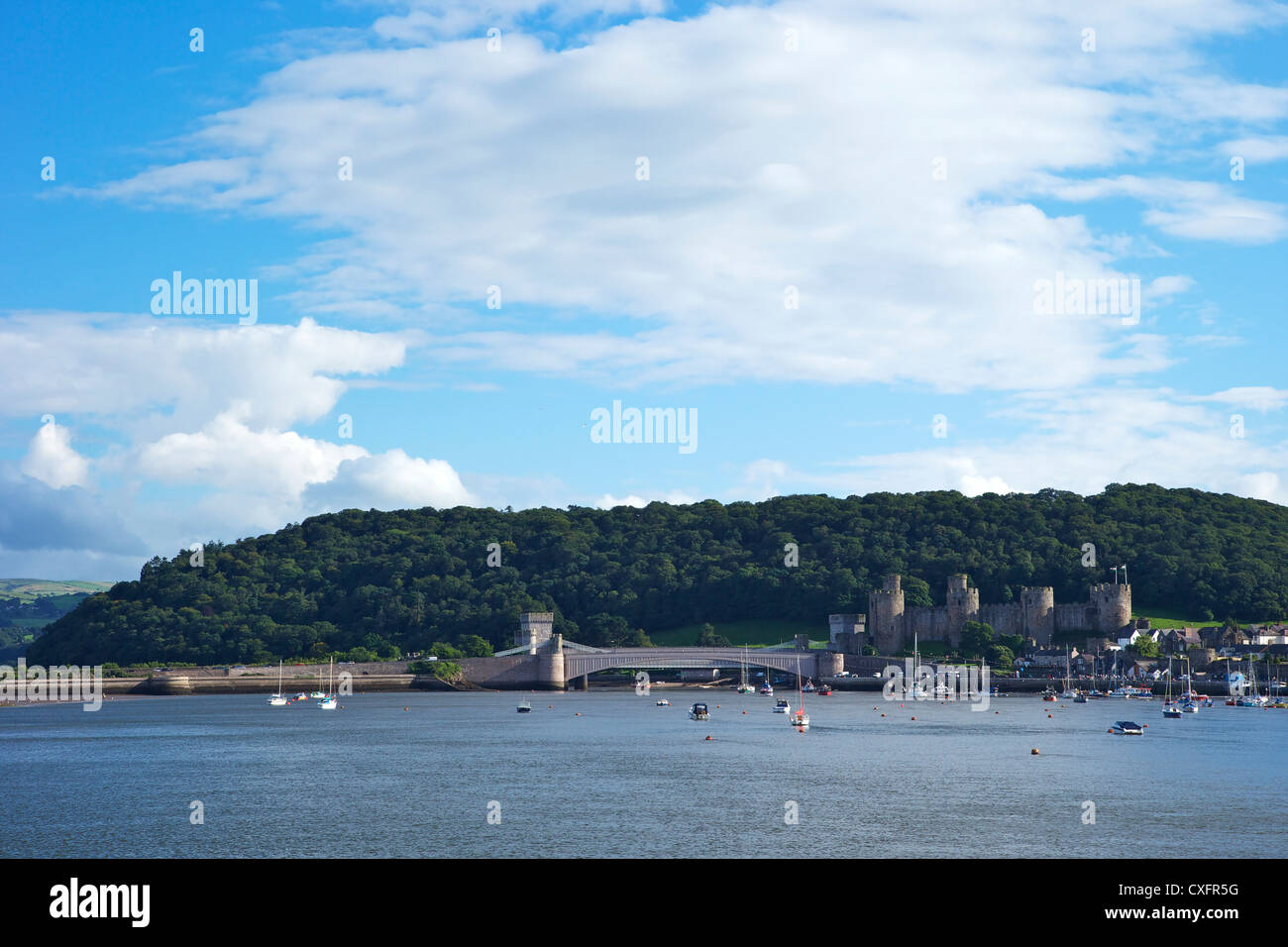 River Conwy estuary and medieval castle in summer, Gwynned, North Wales ...