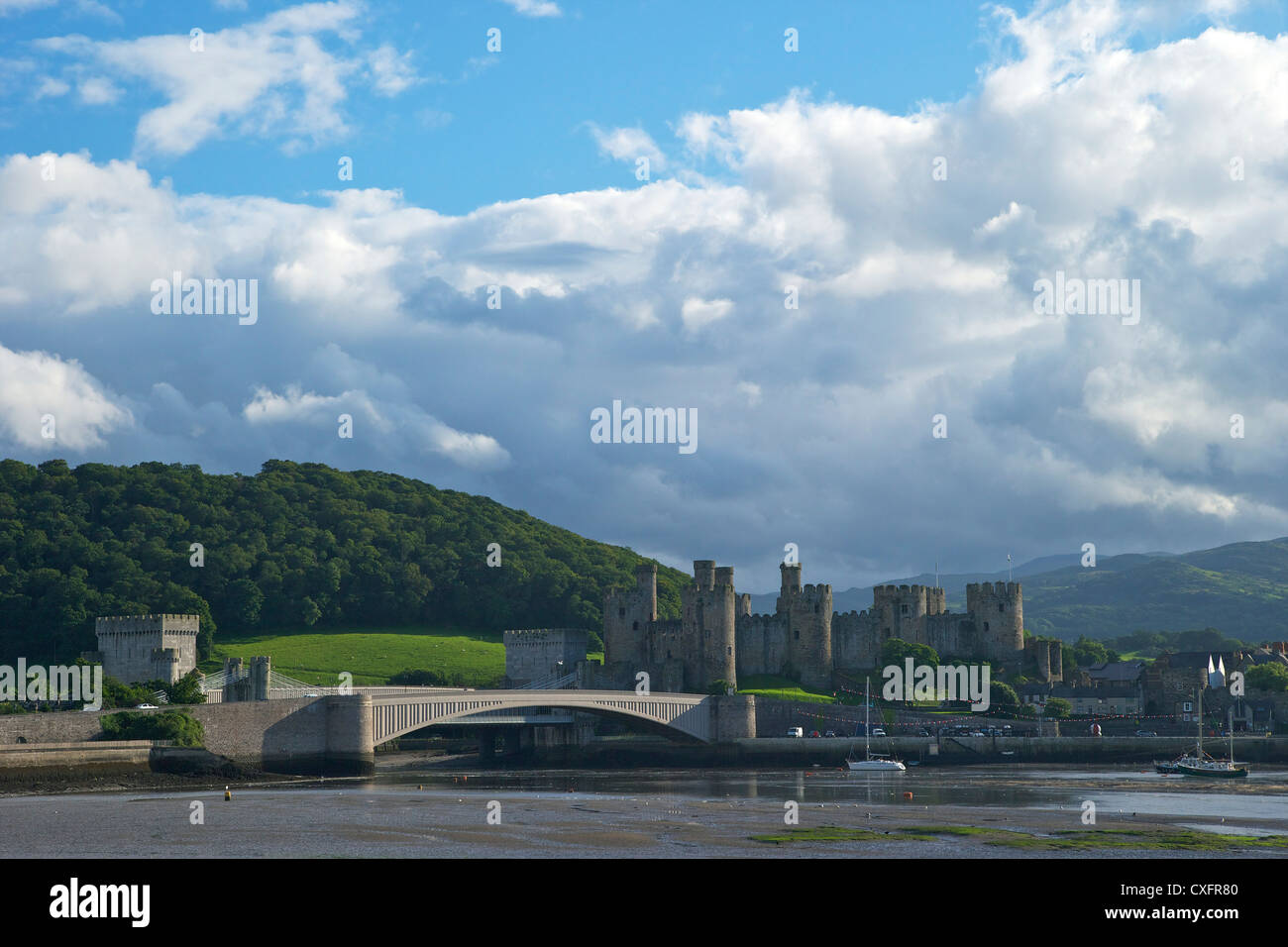 River Conwy estuary and medieval castle in summer, Gwynned, North Wales ...