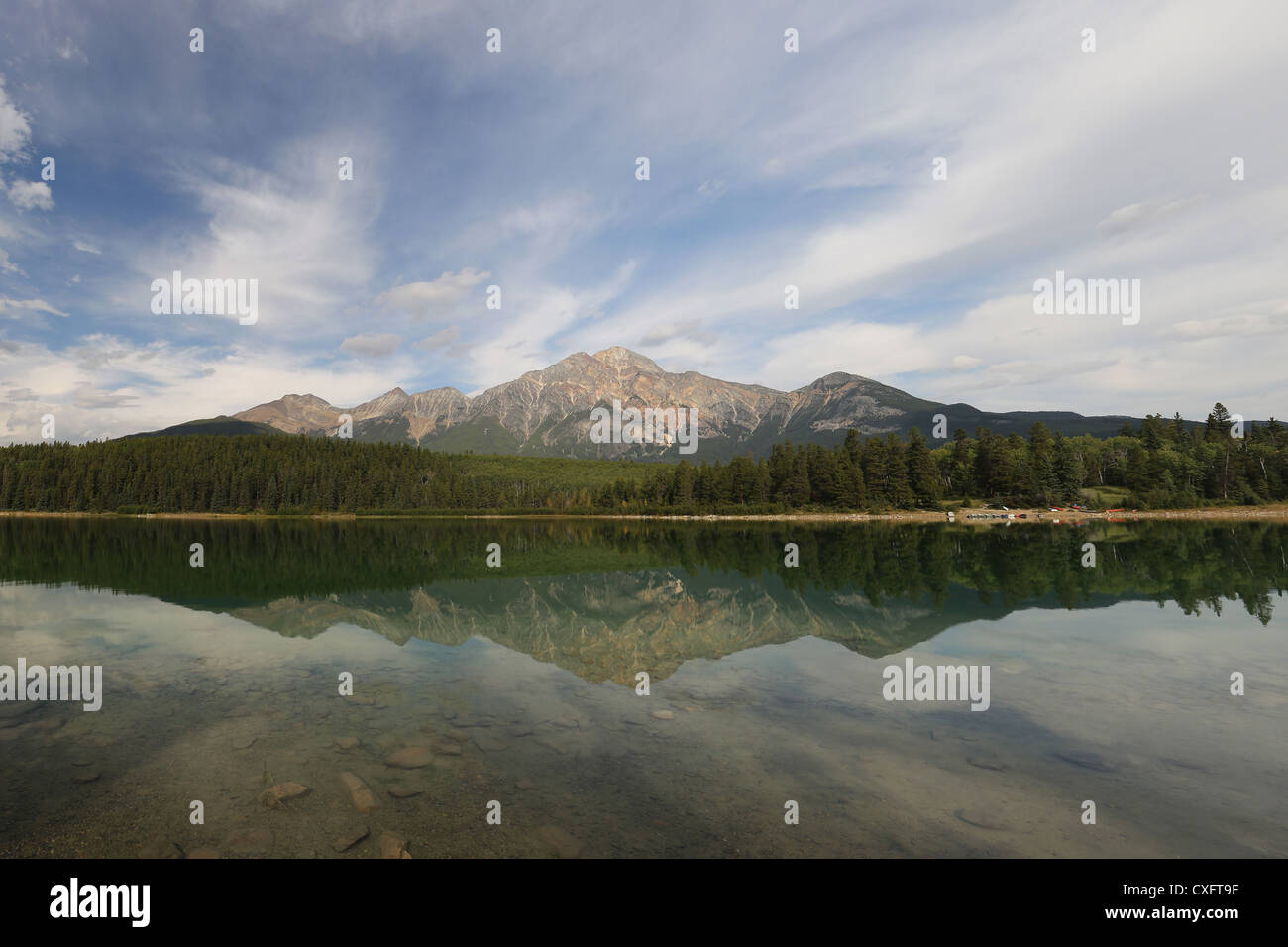 Pyramid Mountain, Jasper, Canada, reflected in the waters of Pyramid ...